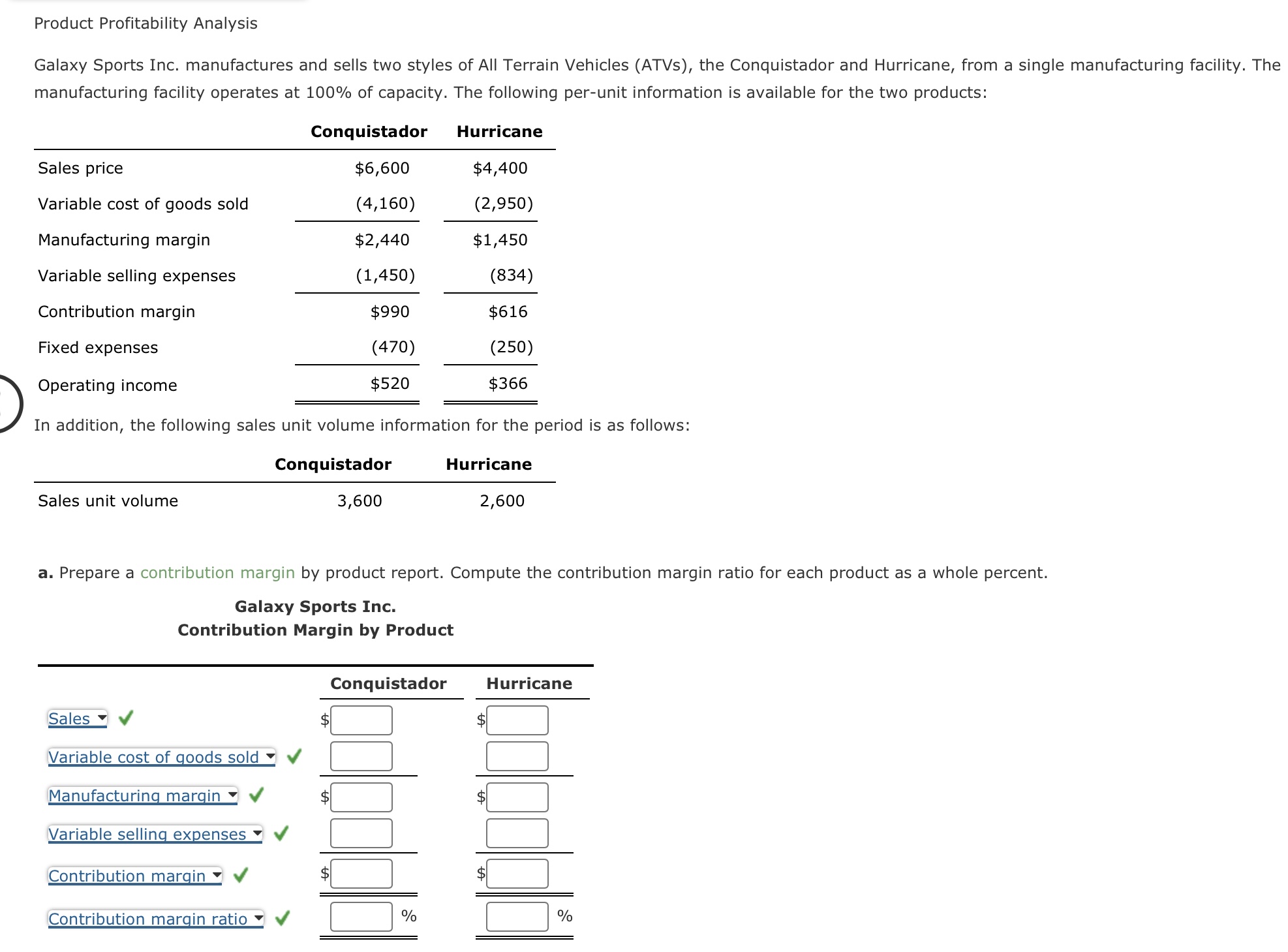Solved Product Profitability Analysis Galaxy Sports Inc. | Chegg.com