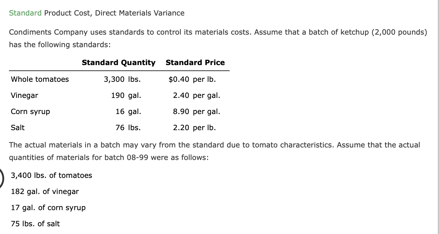 Solved Standard Product Cost, Direct Materials Variance | Chegg.com