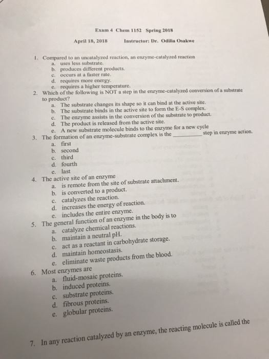 Solved Exam 4 Chem 1152 Spring 2018 April 18, 2018 | Chegg.com