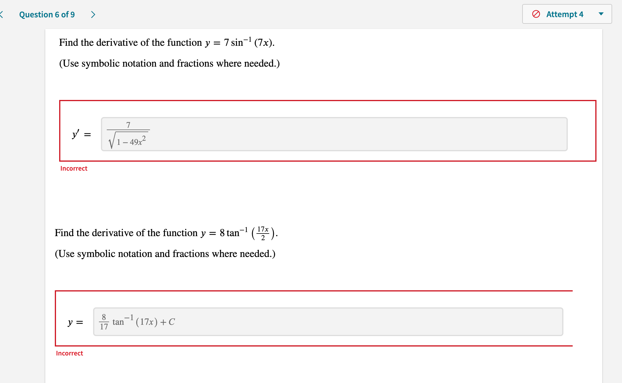 Solved Find the derivative of the function y=7sin−1(7x). | Chegg.com