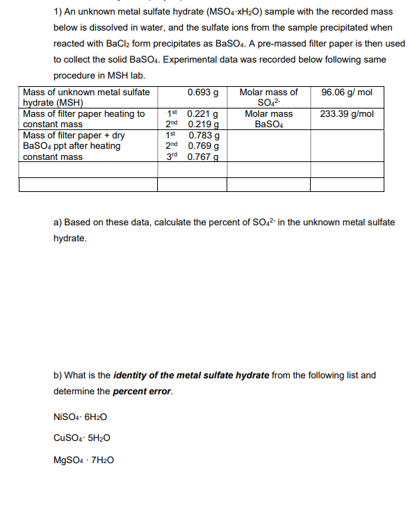 Solved 1) An unknown metal sulfate hydrate (MSO4-XH20) | Chegg.com