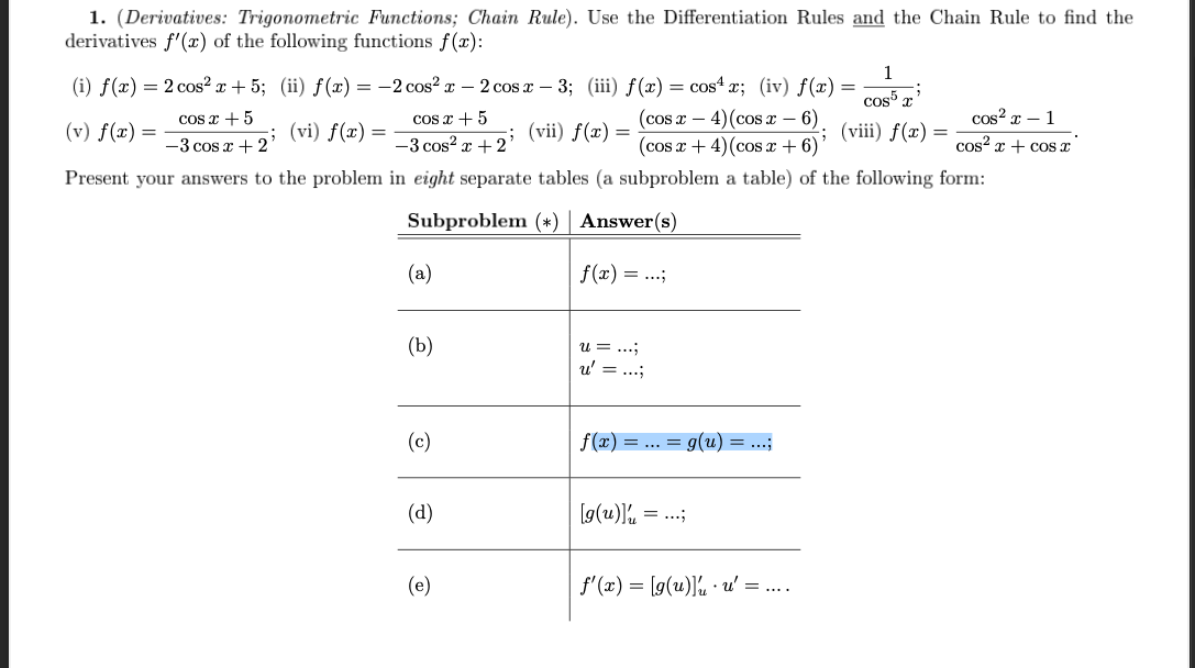 Solved COS 1. (Derivatives: Trigonometric Functions; Chain | Chegg.com