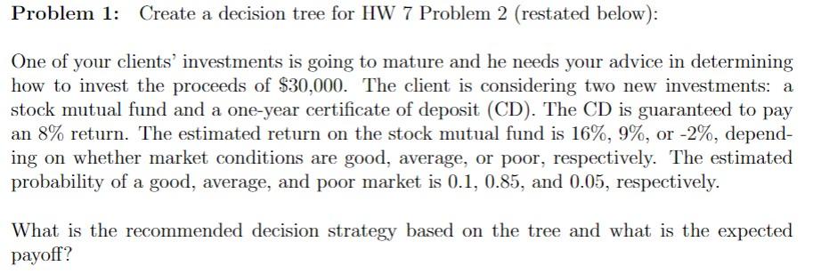 Solved Problem 1: Create a decision tree for HW 7 Problem 2 | Chegg.com