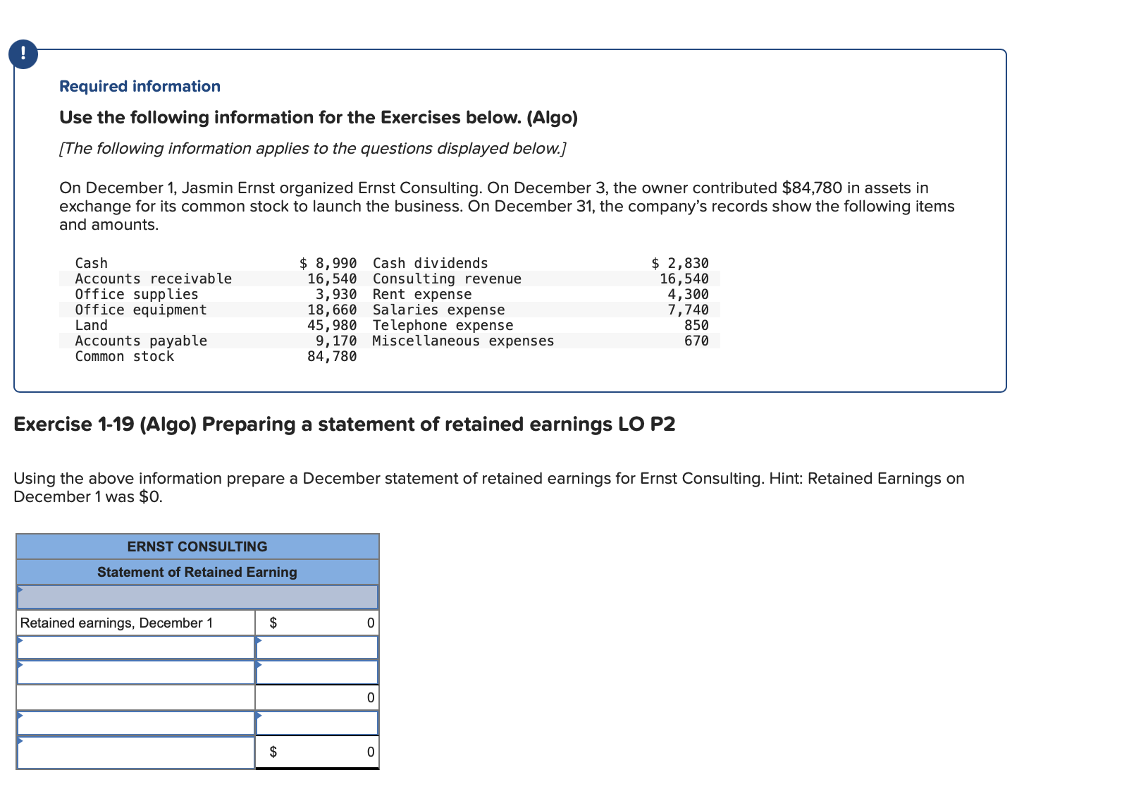 Solved Exercise 1-19 (Algo) ﻿Preparing a statement of | Chegg.com