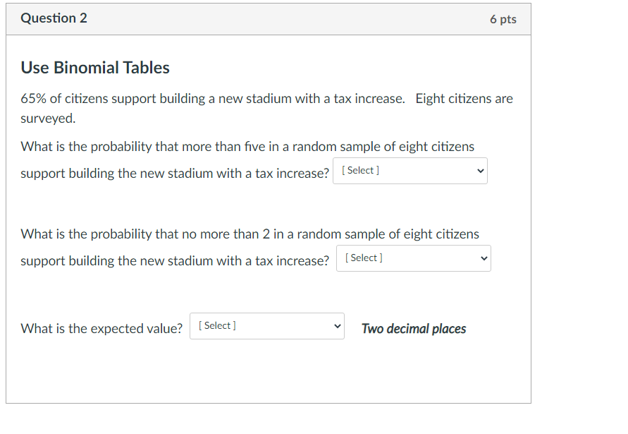 Solved Question 2 6 pts Use Binomial Tables 65% of citizens | Chegg.com