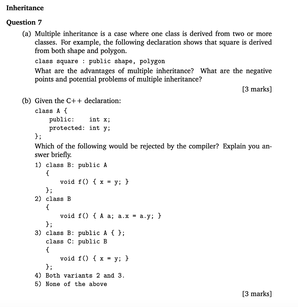 Solved Inheritance Question 7 a Multiple Inheritance Is A Chegg