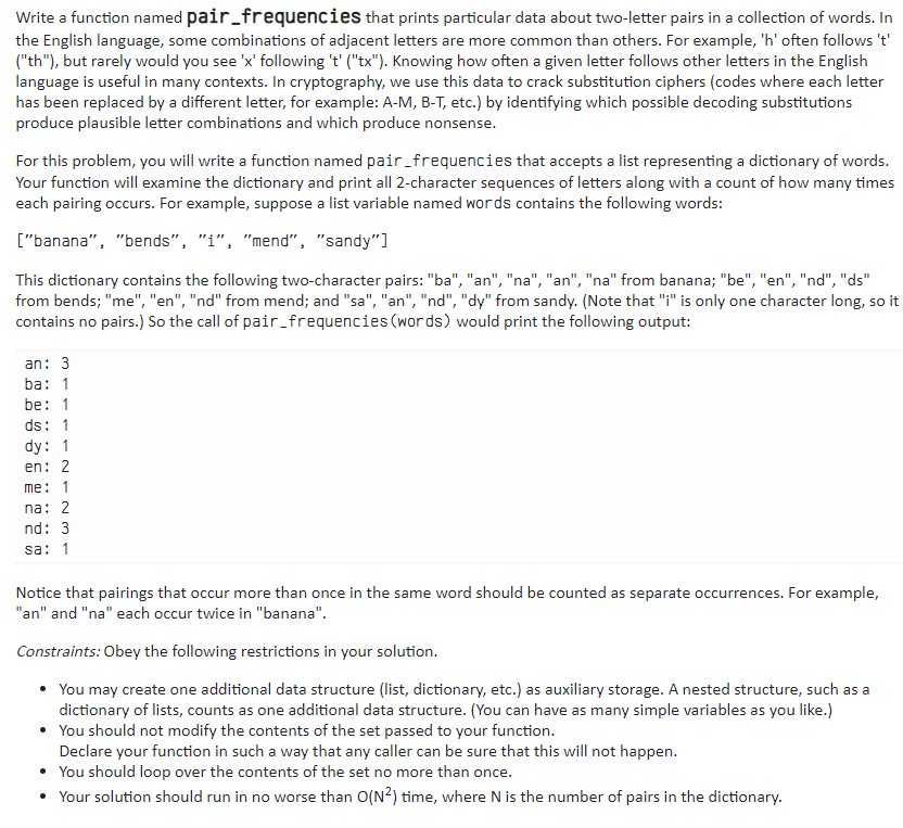 Write a function named pair_frequencies that prints | Chegg.com