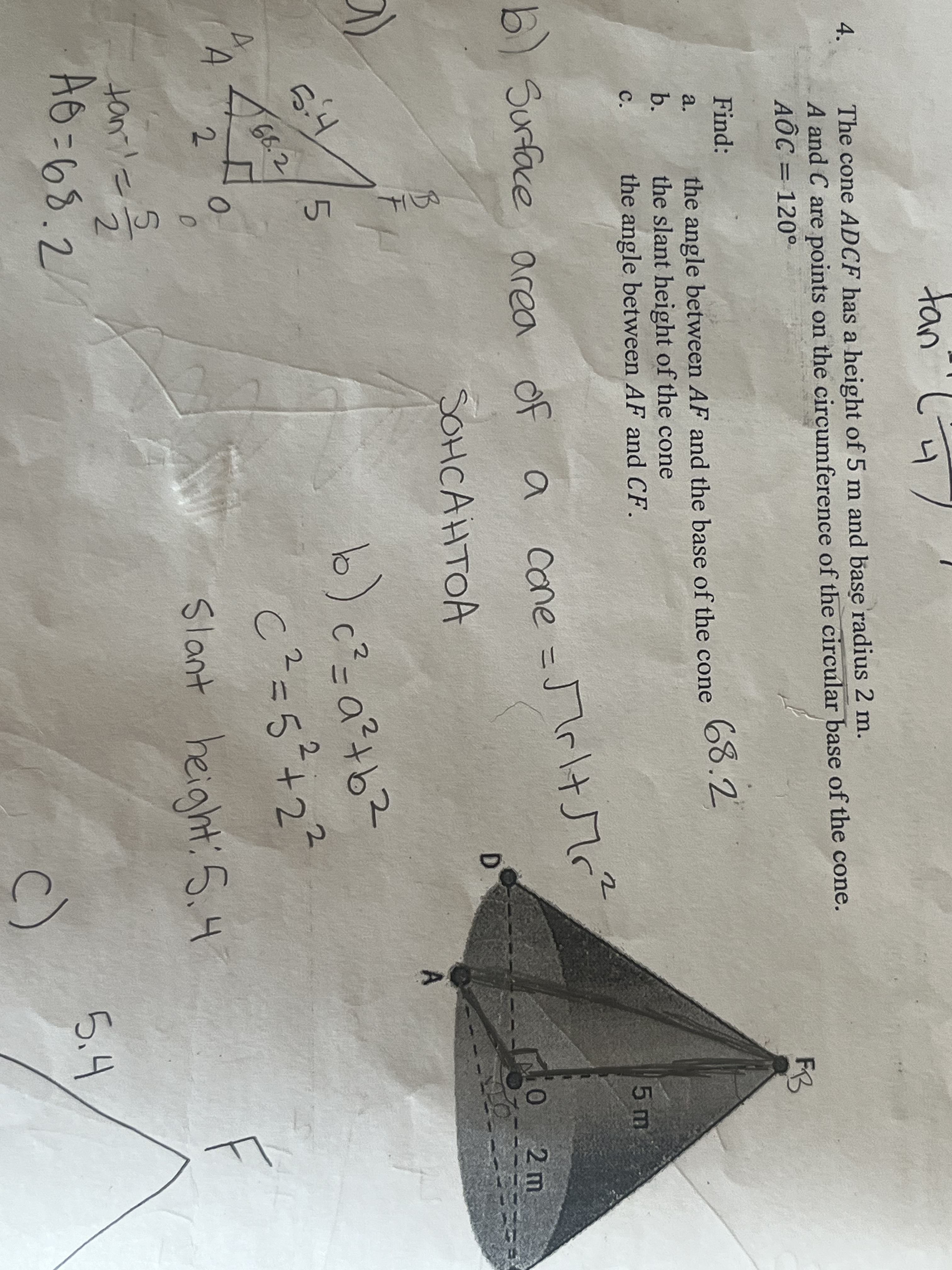 Solved The cone ADCF has a height of 5 m ﻿and ﻿base radius | Chegg.com