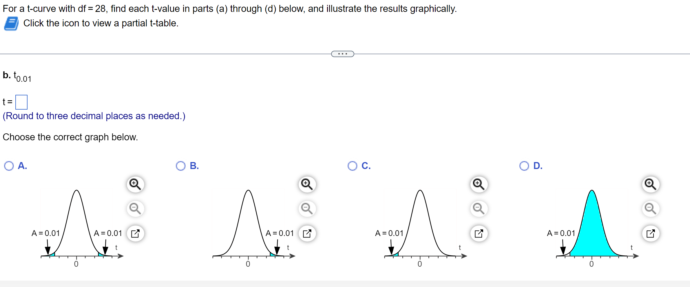 Solved = For a t-curve with df = 28, find each t-value in | Chegg.com