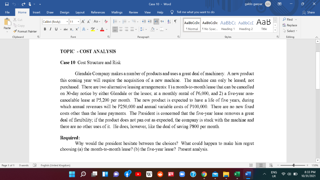 ते Case 10 - Word galdo gaspar GG a х File Home | Chegg.com
