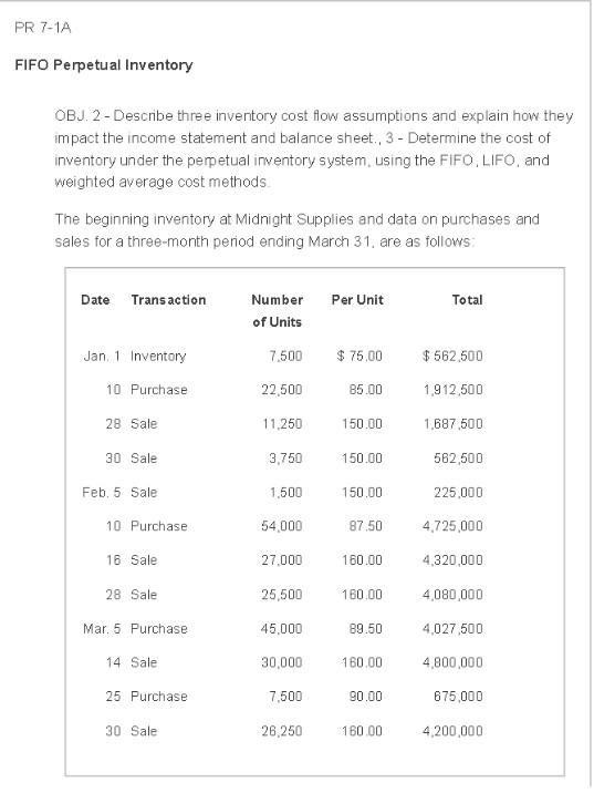 Solved PR 7-1A FIFO Perpetual Inventory OBJ. 2 - Describe | Chegg.com