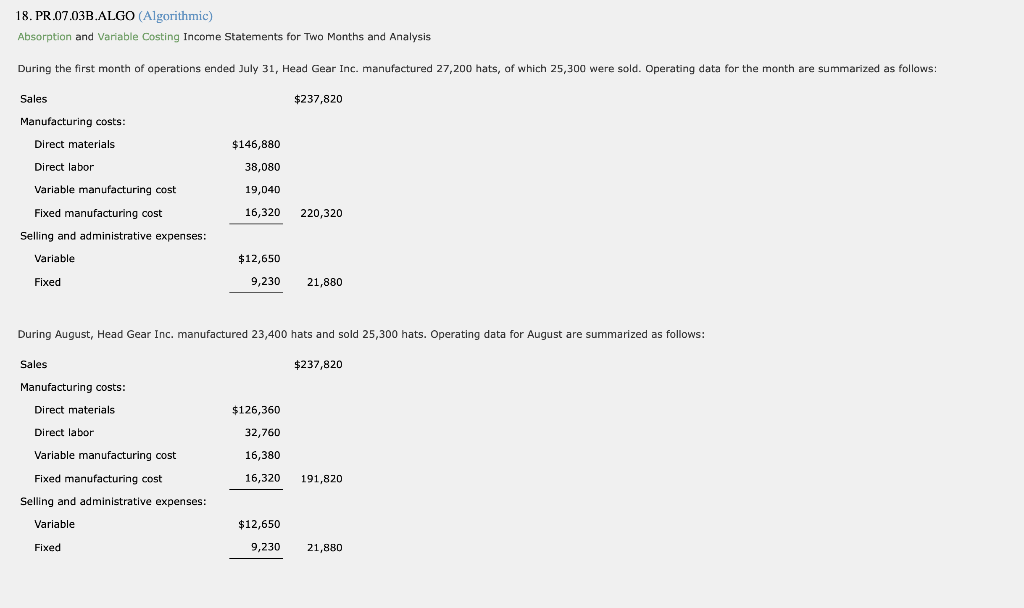 Solved 18. PR.07.03B.ALGO (Algorithmic) Absorption and | Chegg.com