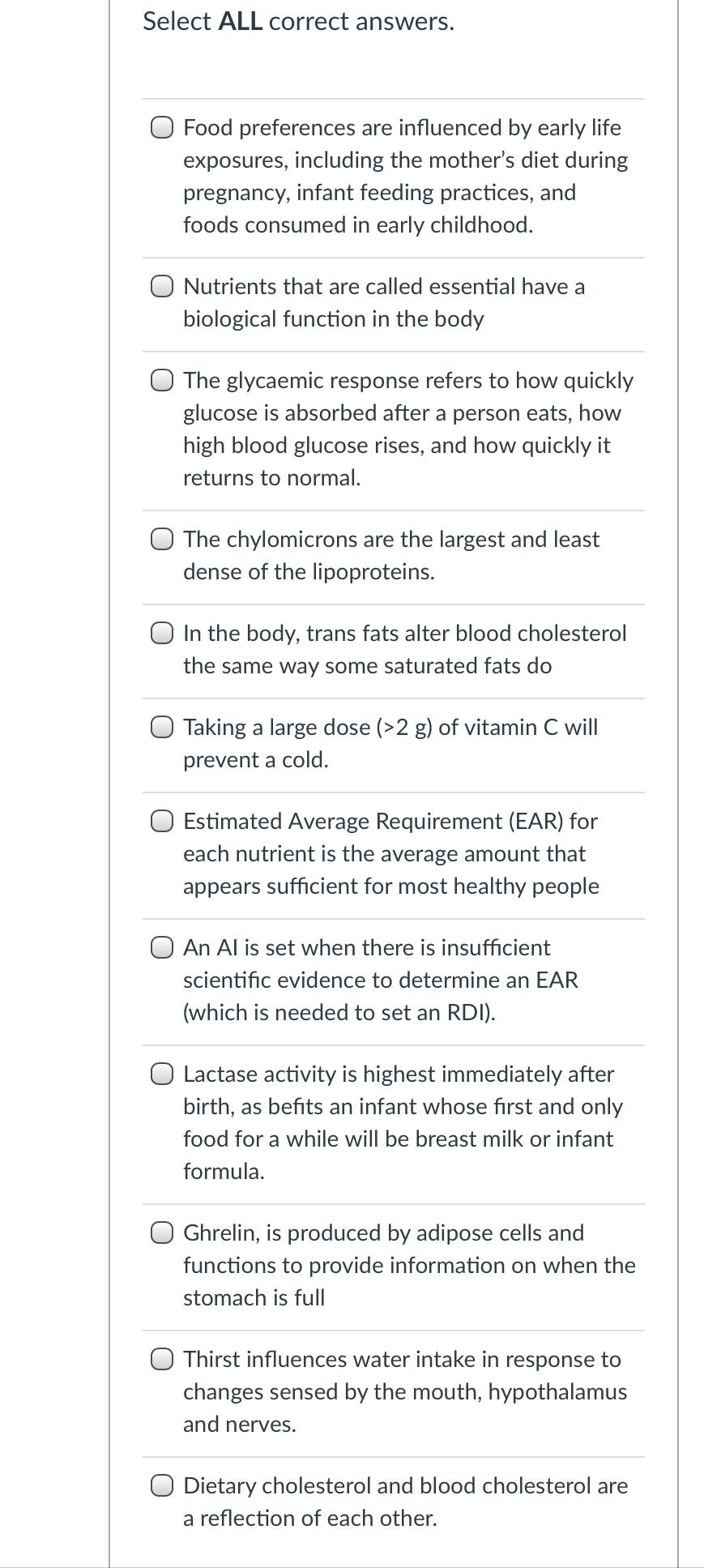 Solved Select ALL correct answers. Food preferences are | Chegg.com