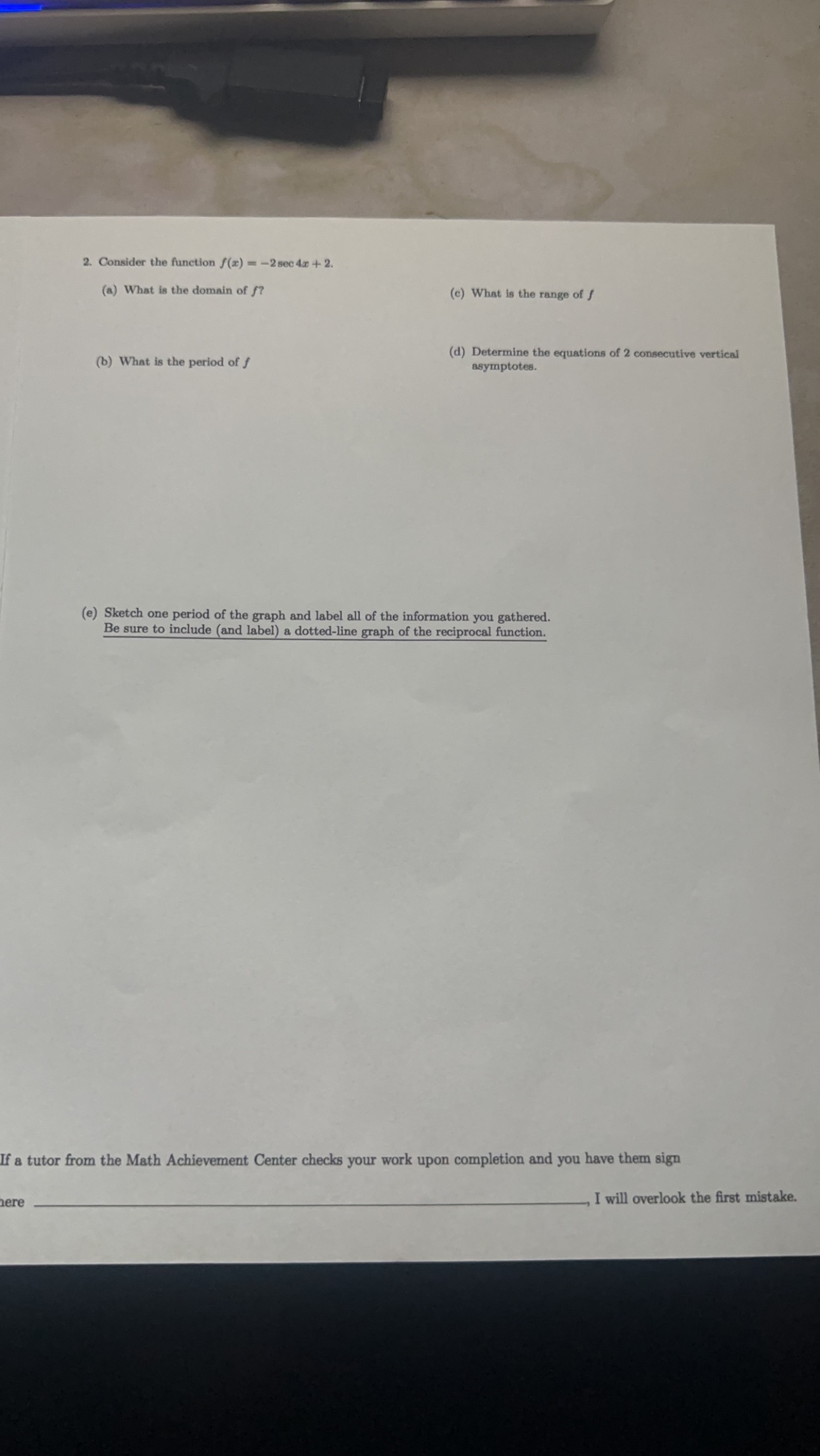 Solved 2. Consider the function f(x)=−2sec4x+2. (a) What is | Chegg.com
