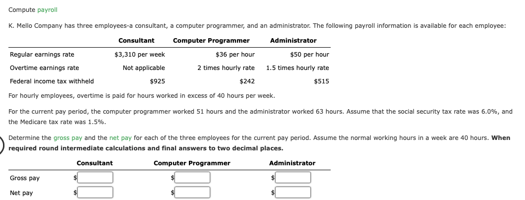 Solved Compute payroll K. Mello Company has three | Chegg.com