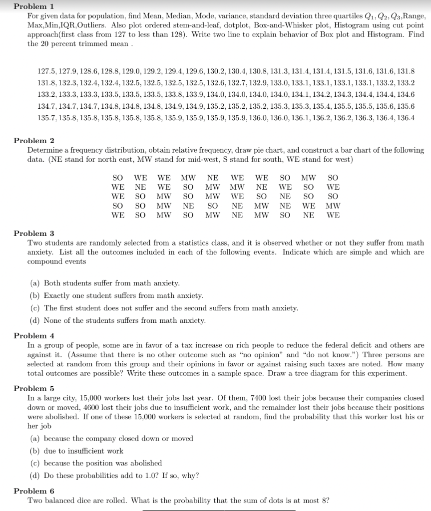 Solved Problem 1 For given data for population, find Mean, | Chegg.com