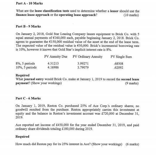 Solved Part A - 10 Marks What are the lease classification | Chegg.com