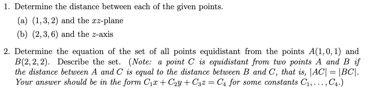 Solved 1. Determine the distance between each of the given | Chegg.com