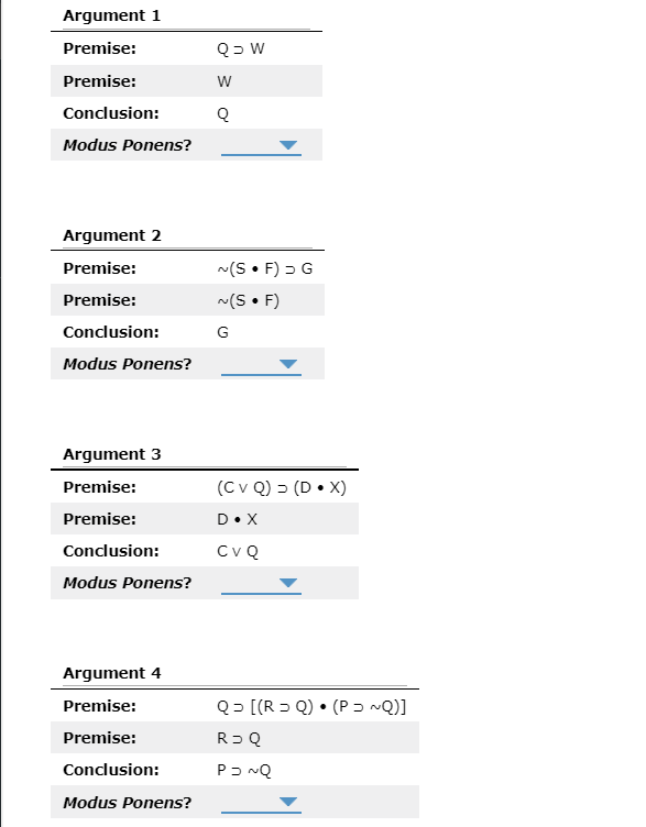 Solved Argument 1 Premise: Premise: Conclusion: Modus | Chegg.com