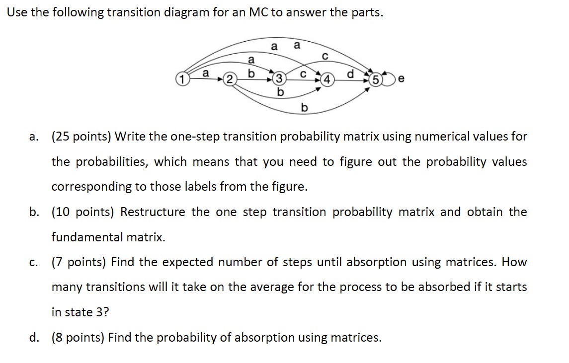 Solved Use the following transition diagram for an MC to | Chegg.com