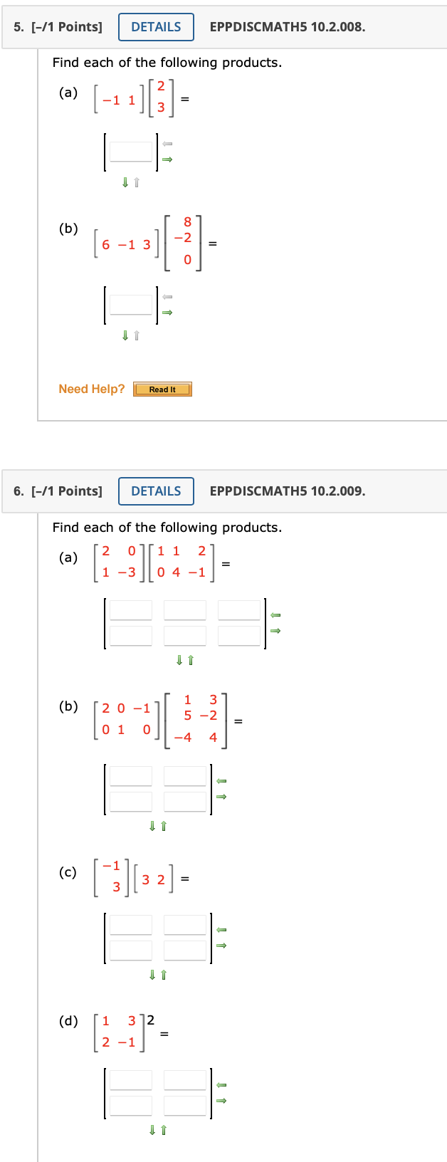 Solved Find each of the following products. (a) [−11][23]= | Chegg.com