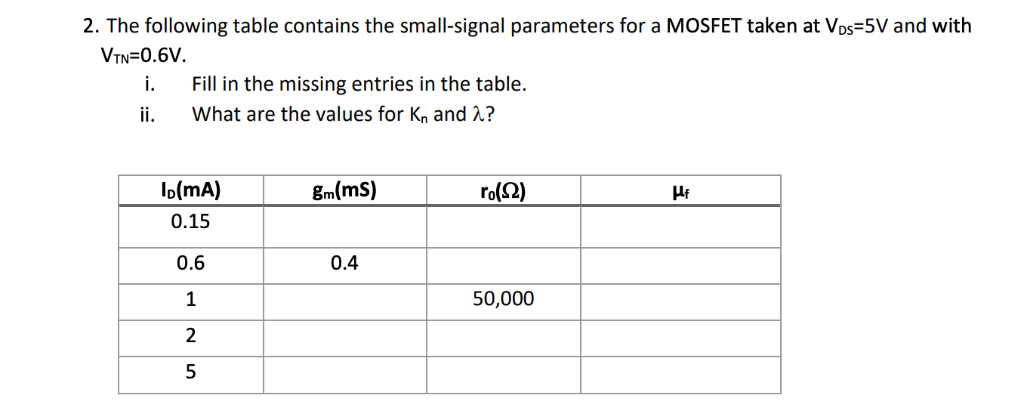 Solved 2. The following table contains the small-signal | Chegg.com