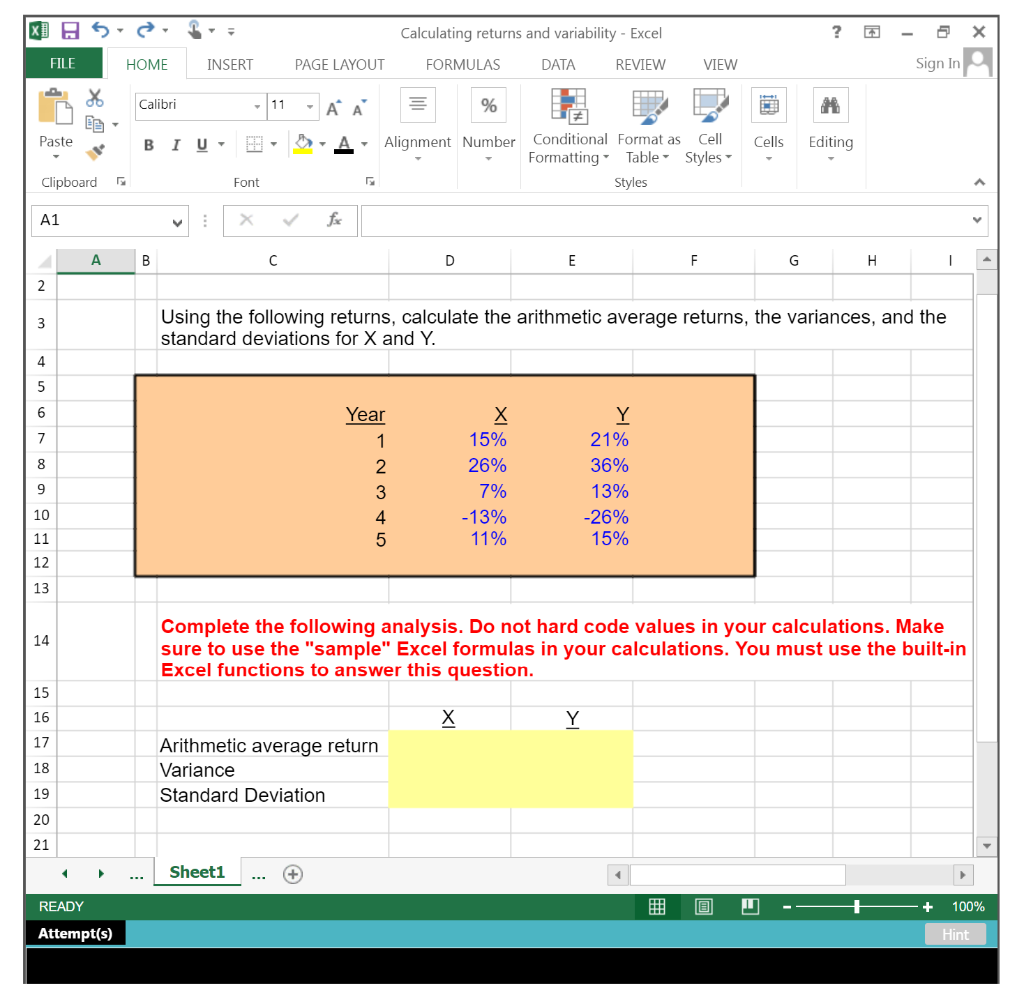 Solved XDA 5 ? Х Calculating returns and variability - Excel | Chegg.com