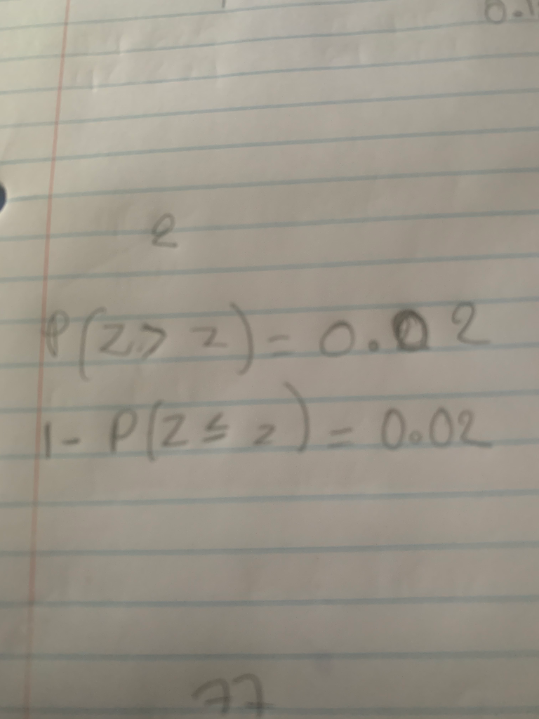 Solved e P ( 27 2) = 0.02 1- P(Z = z) = 0.02 | Chegg.com