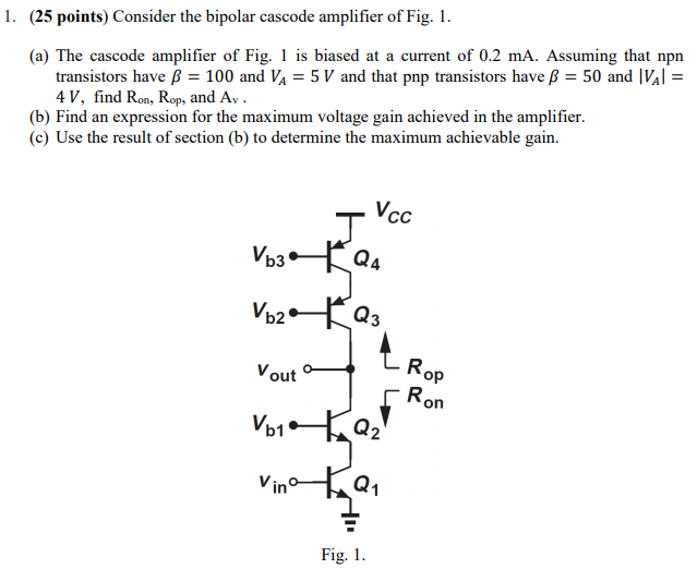 Solved 1. (25 points) Consider the bipolar cascode amplifier | Chegg.com