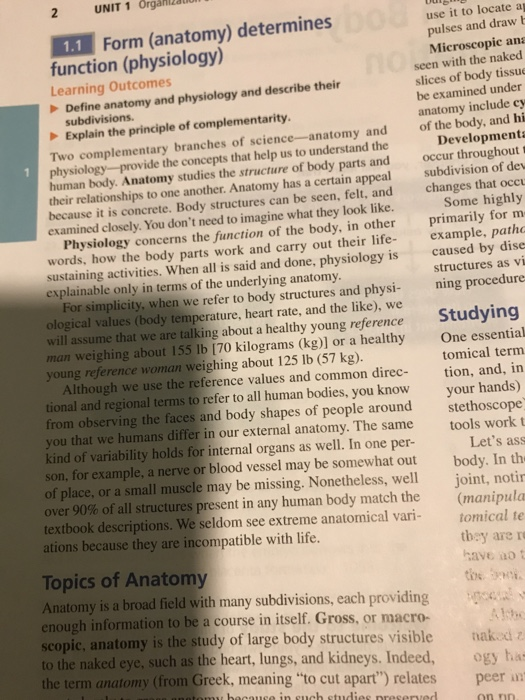 2 UNIT 1 Orgailzd 1.1 Form (anatomy) determines | Chegg.com