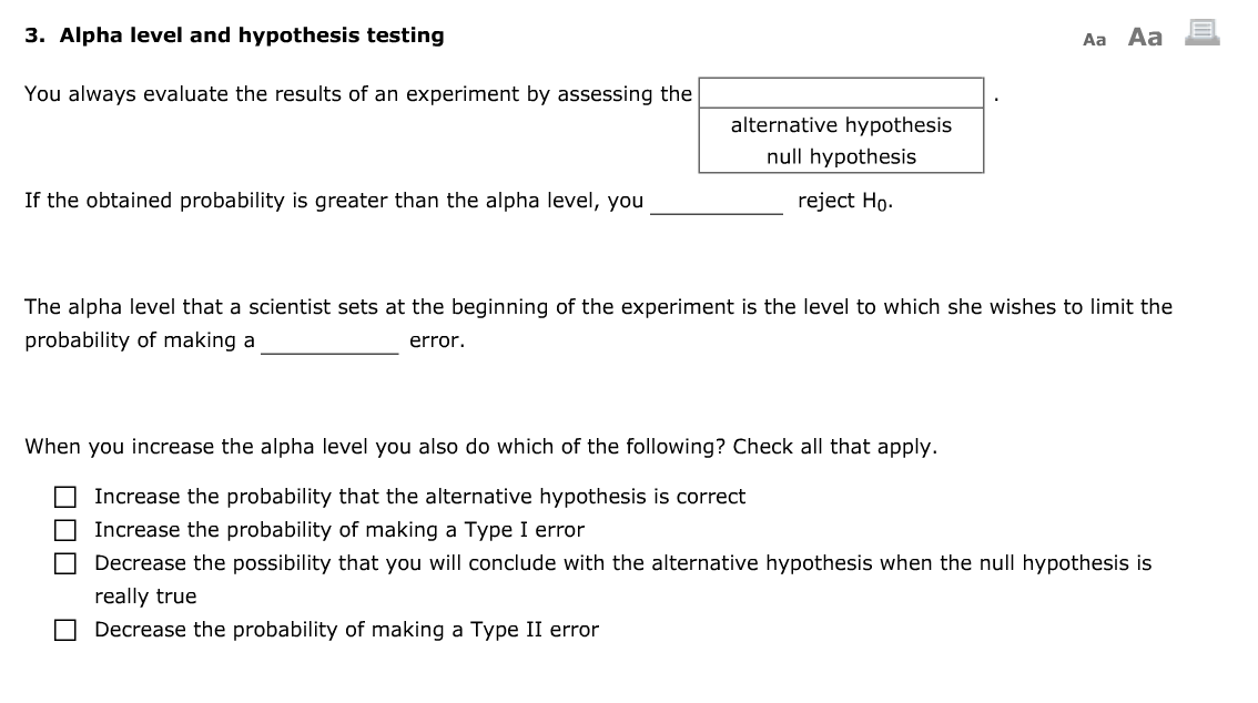 Solved 3. Alpha level and hypothesis testing Aa Aa E You | Chegg.com