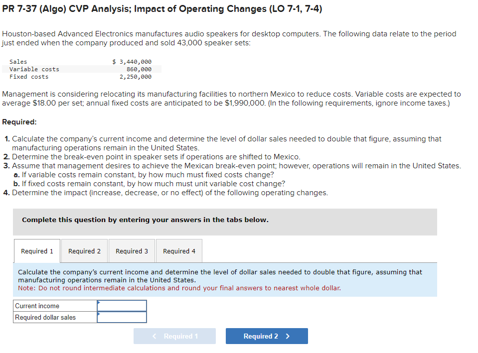 Solved PR 7-37 (Algo) CVP Analysis; Impact of Operating | Chegg.com