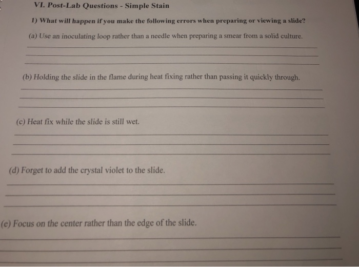 Solved VI. Post-Lab Questions - Simple Stain 1) What will | Chegg.com