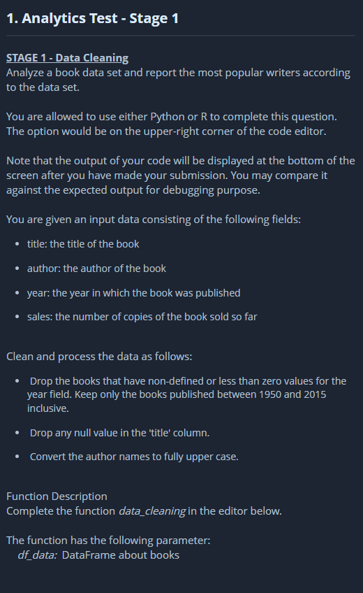 Solved 1. Analytics Test - Stage 1 STAGE 1 - Data Cleaning | Chegg.com