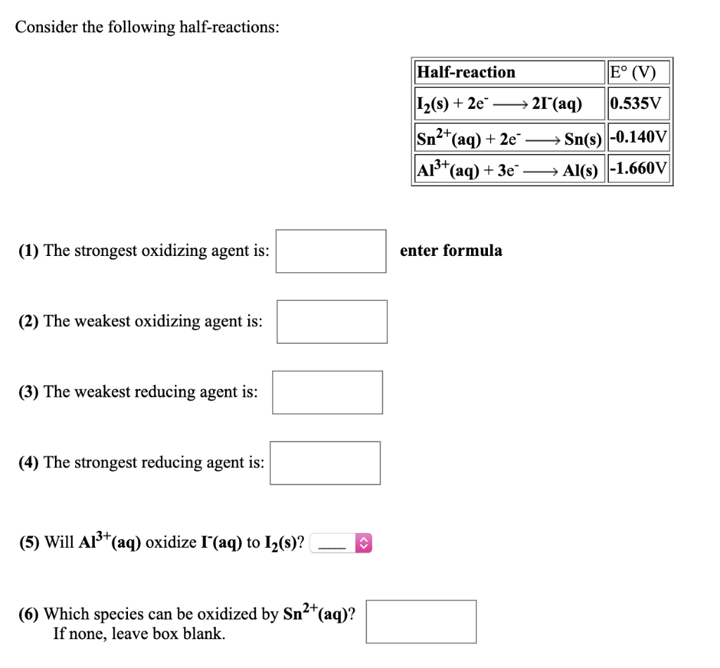 Solved Consider the following half-reactions: Half-reaction | Chegg.com