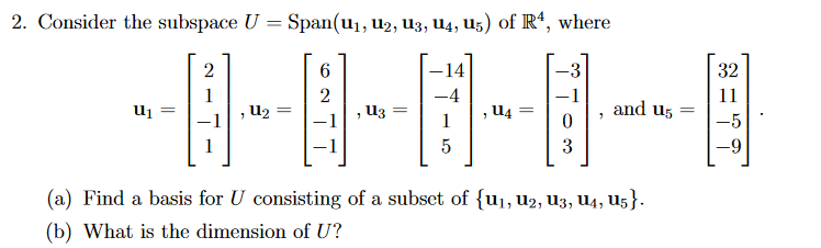Solved 2. Consider the subspace U = Span(u1, U2, U3, U4, ug) | Chegg.com