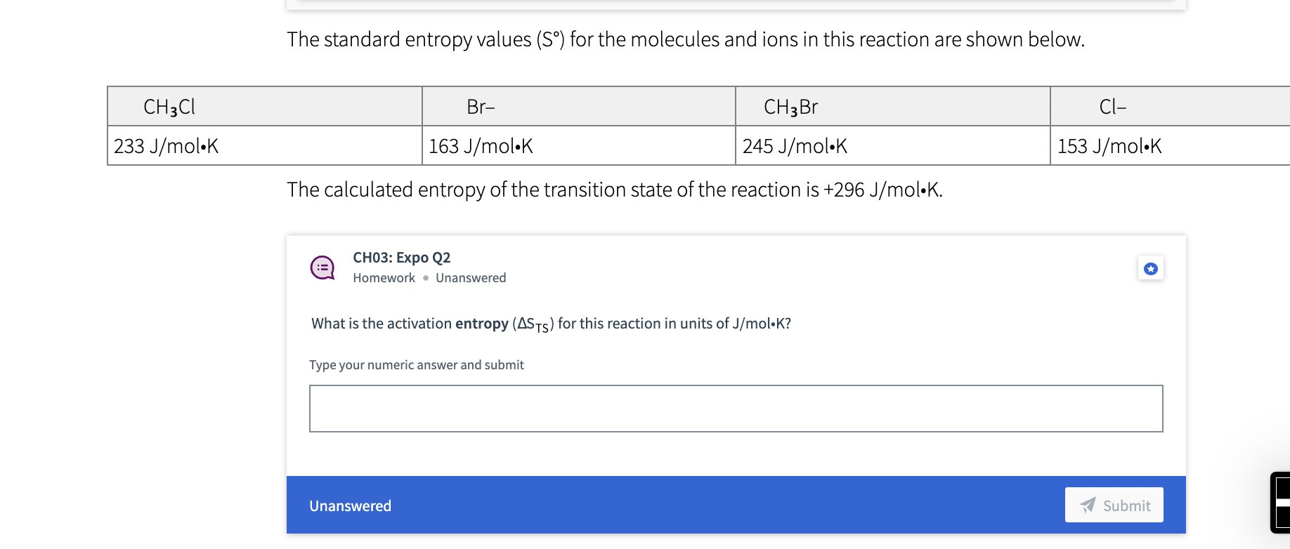 Solved + CH3Cl + Br → CH3Br + Cl- C1- The standard entropy | Chegg.com
