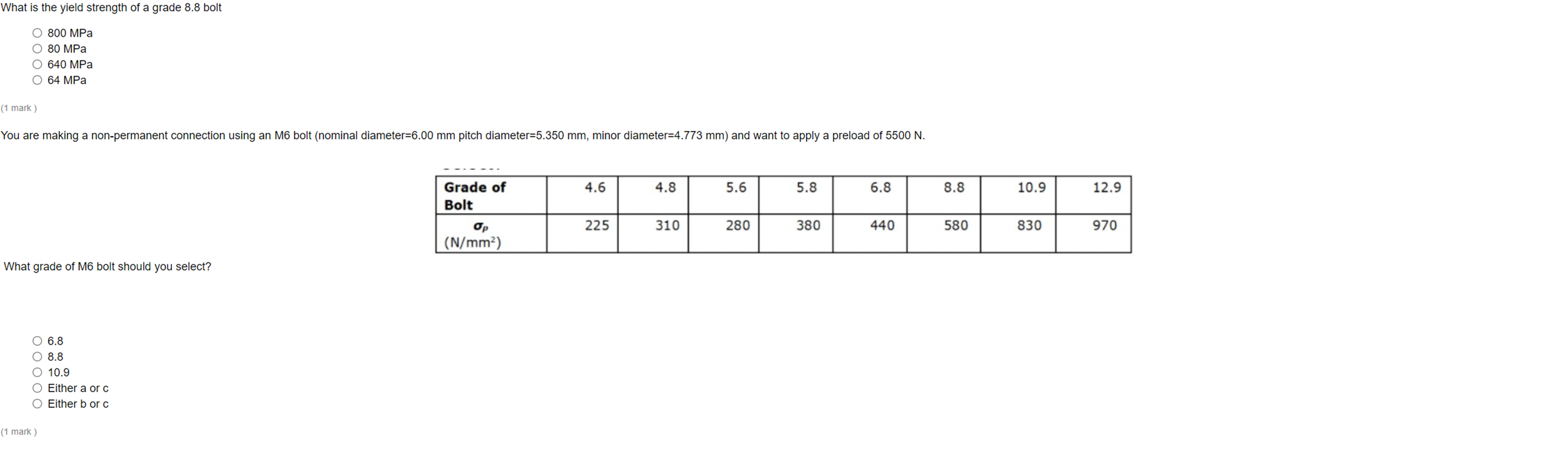 Solved What is the yield strength of a grade 8.8 bolt O 800 | Chegg.com