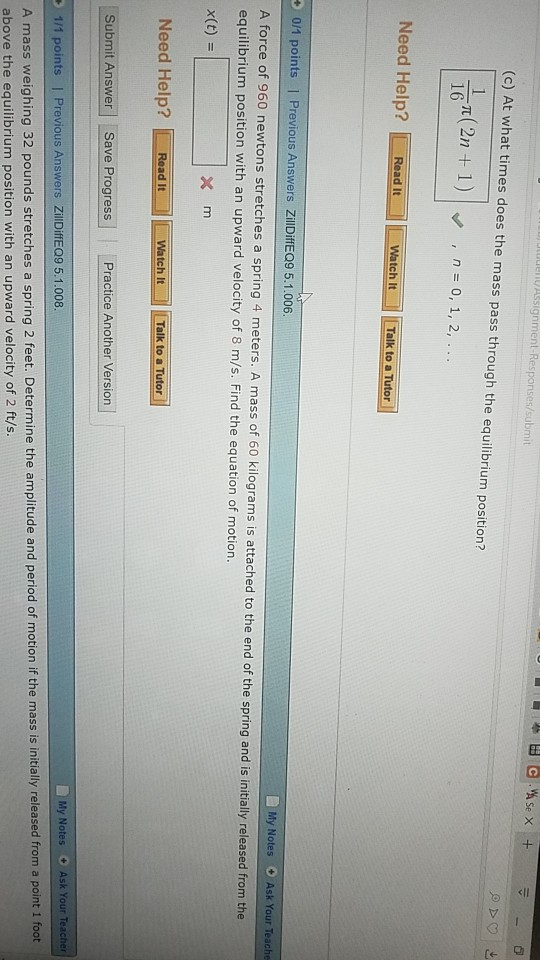 Solved nueoAssignment (c) At what times does the mass pass | Chegg.com