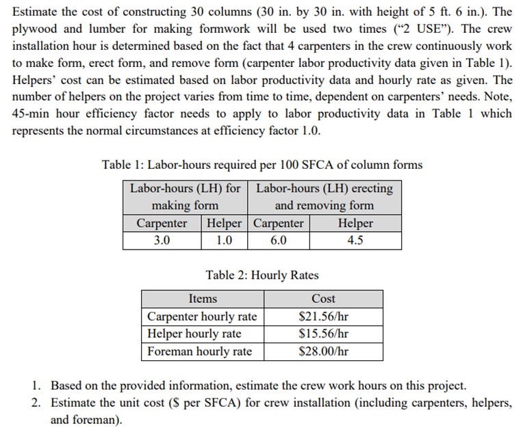 Solved Estimate the cost of constructing 30 columns ( 30in. | Chegg.com