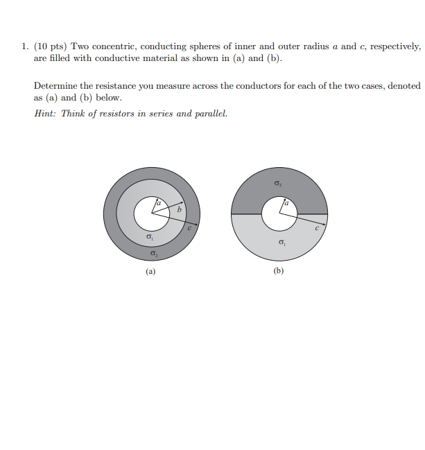 Solved 1. (10 pts) Two concentric, conducting spheres of | Chegg.com