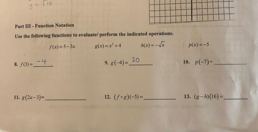 Solved y = Vio Part III - Function Notation Use the | Chegg.com
