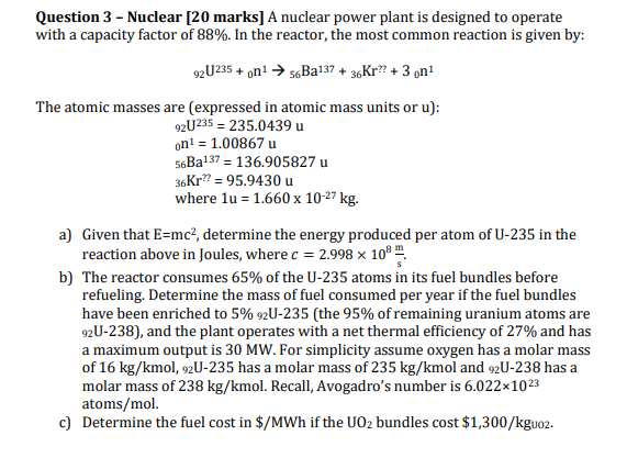 Question 3 - Nuclear [20 marks] A nuclear power plant | Chegg.com