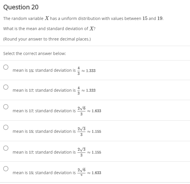 Solved Question 20 The random variable X has a uniform | Chegg.com