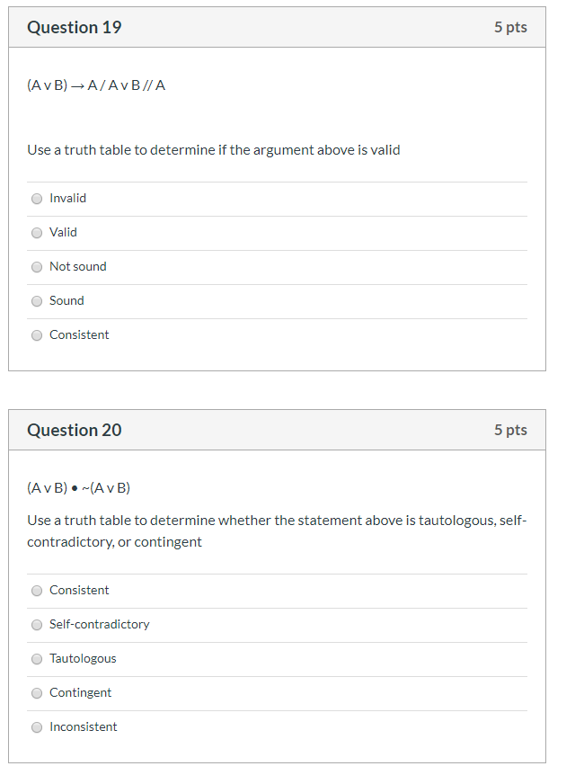 Solved Question 19 5 pts (A v B)A/AvB /A Use a truth table | Chegg.com