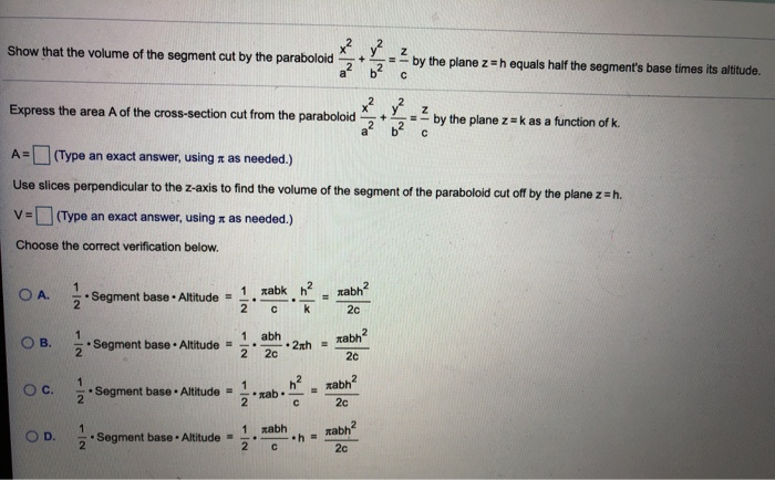 Solved Show that the volume of the segment cut by the | Chegg.com