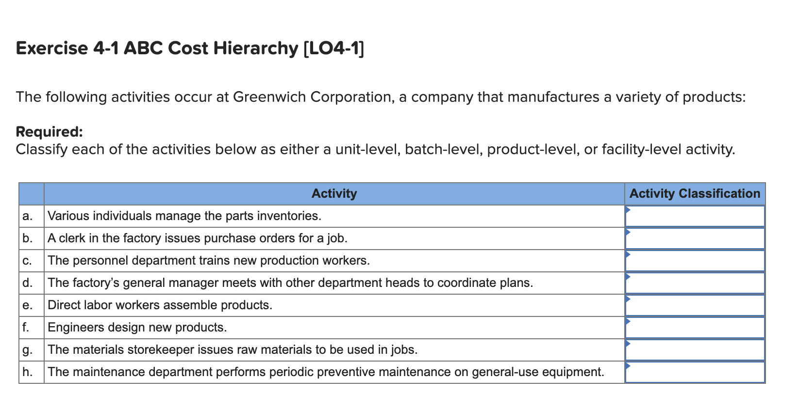 Solved Exercise 4-1 ABC Cost Hierarchy (L04-1] The following | Chegg.com