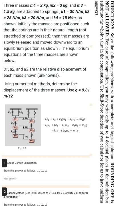 Solved Three masses m1=2 kg, m2=3 kg, and m3= 1.5 kg, are | Chegg.com