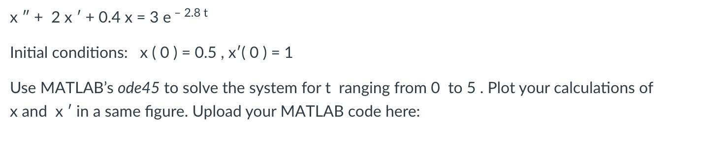 Solved x" + 2 x' + 0.4 x = 3 e - 2.8 t Initial conditions: x | Chegg.com