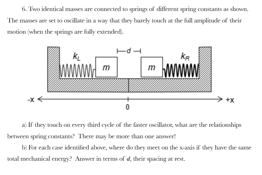 Solved 6. Two identical masses are connected to springs of | Chegg.com